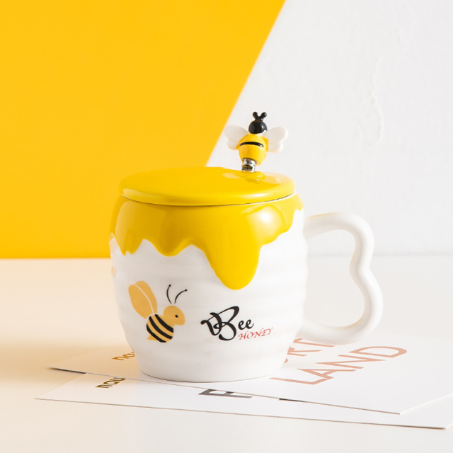 Best price for Creative ceramic mug with cover lid 400ml cartoon cute Bee Mugs office coffee cup ...
