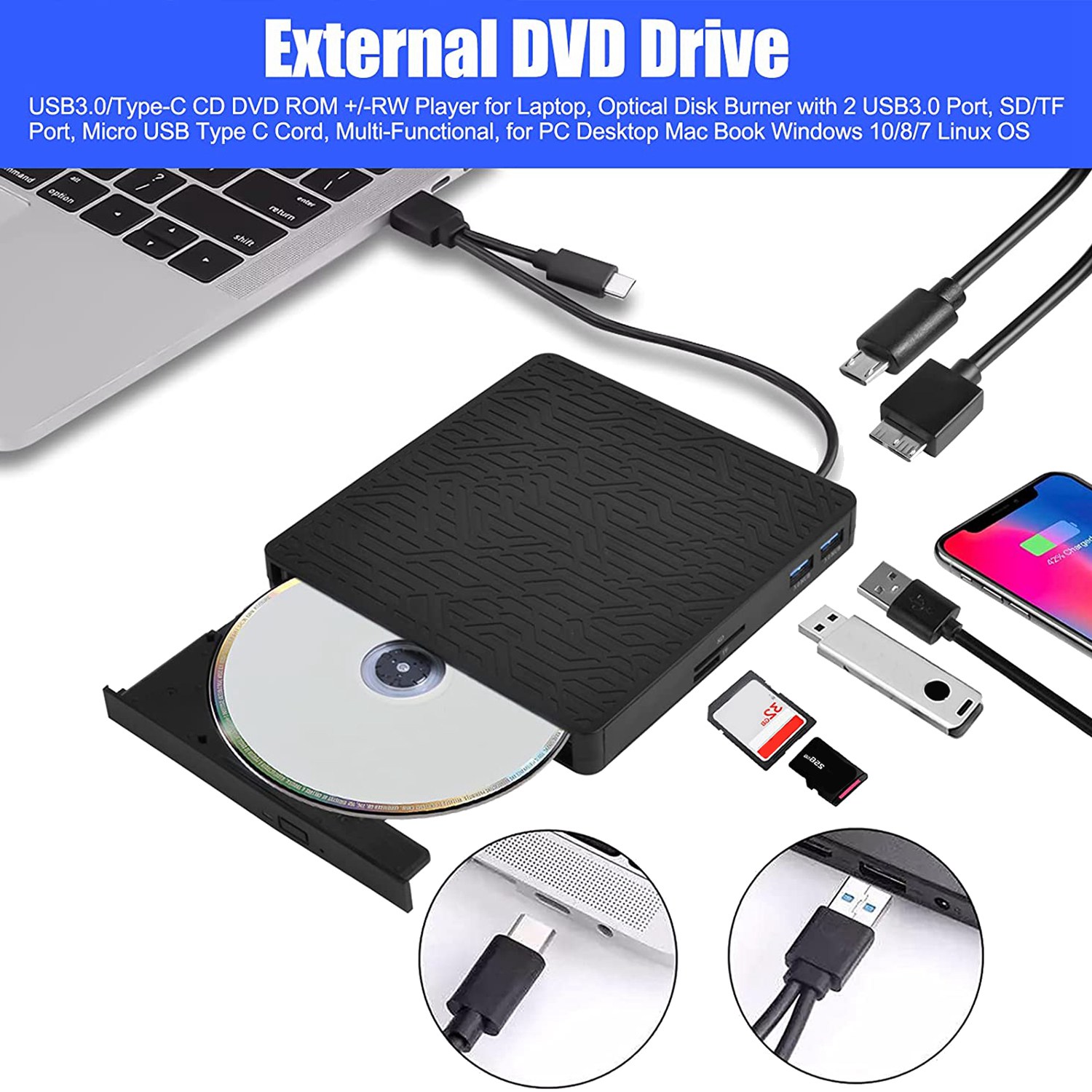 Best price for External DVD Drive, USB3.0/Type-C DVD CD ROM +/-RW ...