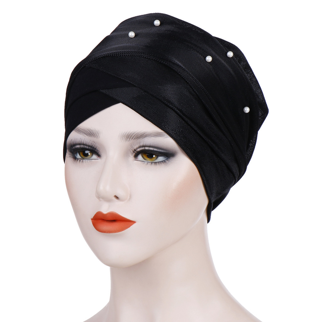 Best price for Women Muslim two-color beaded head scarf hat bright silk ...