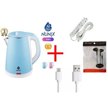 Nunix 1500W 2.3L Water Heater Jug Electric Kettle 360⁰ +free Gifts Cyan