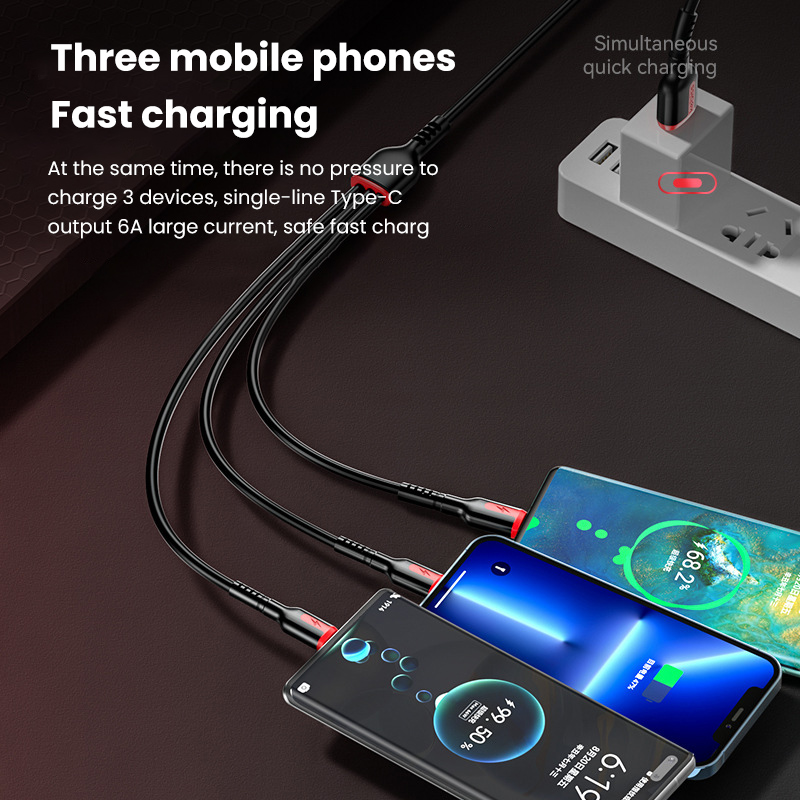 Best price for 3in1 USB Cable For iPhone 13 12 11 6A 66W Data Cable ...